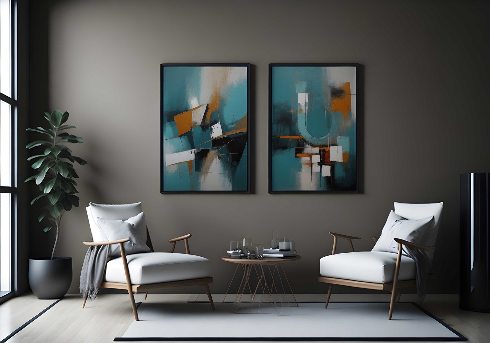 Set of 2 Teal Abstract Wall Art Prints Modern Minimalist Decor ...