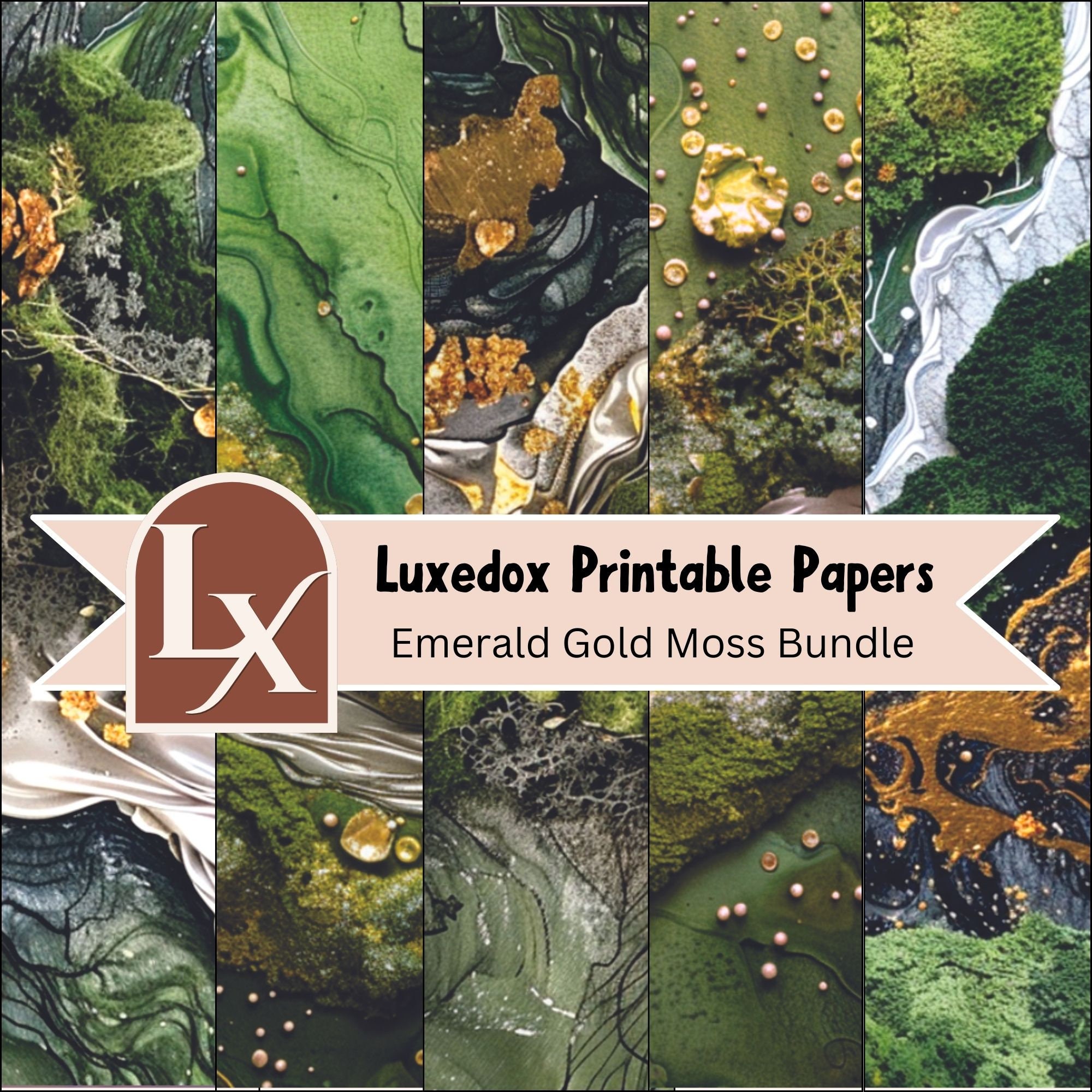 Printable Digital Papers - Emerald Green Gold Moss Bundle - 5 Large ...
