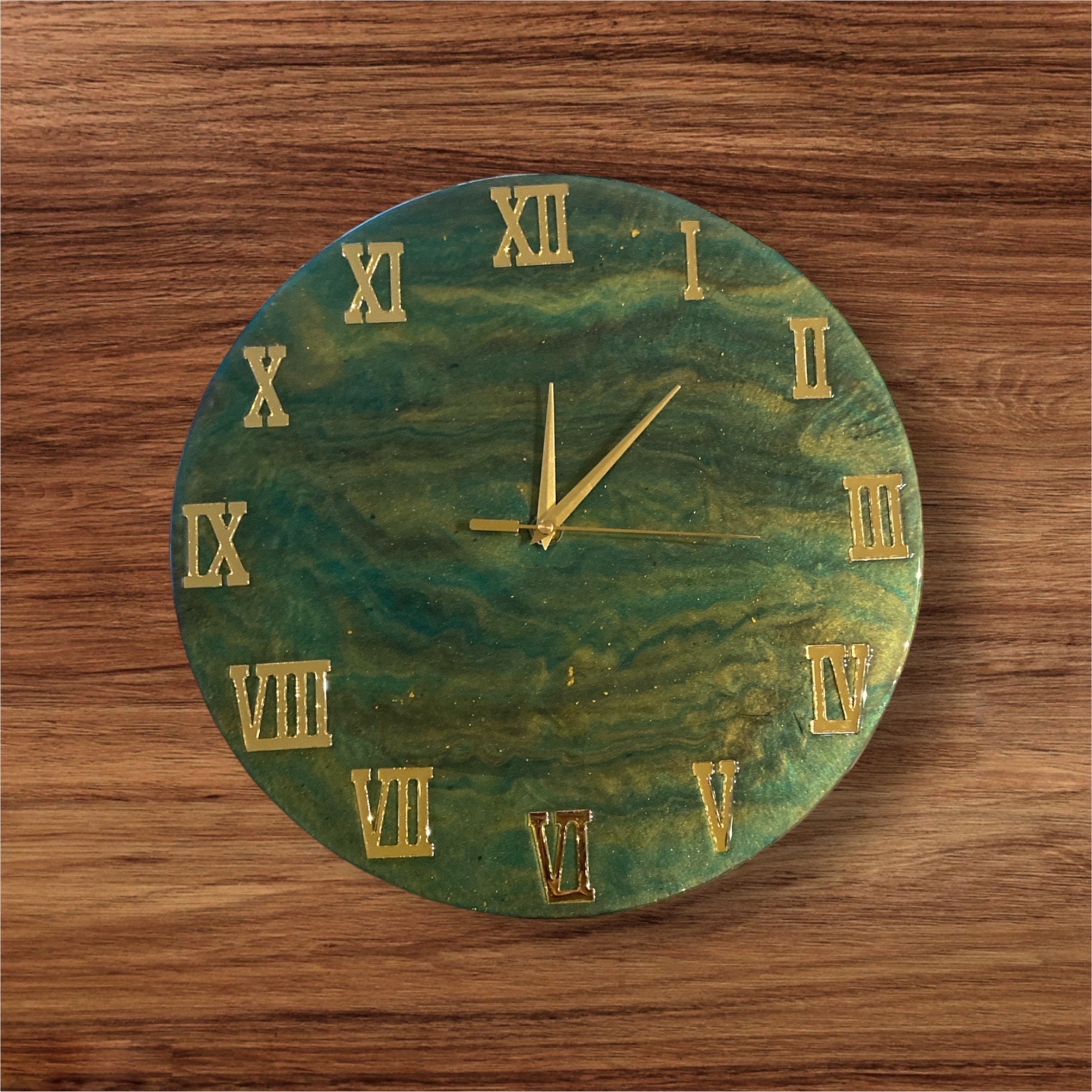 Wall Clock Resin Art Green/gold Custom Made - Etsy