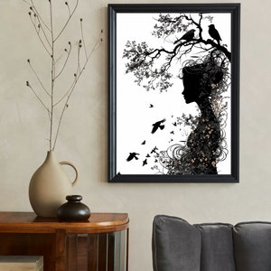 Whimsical Silhouette Art Print - Woman Surrounded by Trees, Leaves, and ...