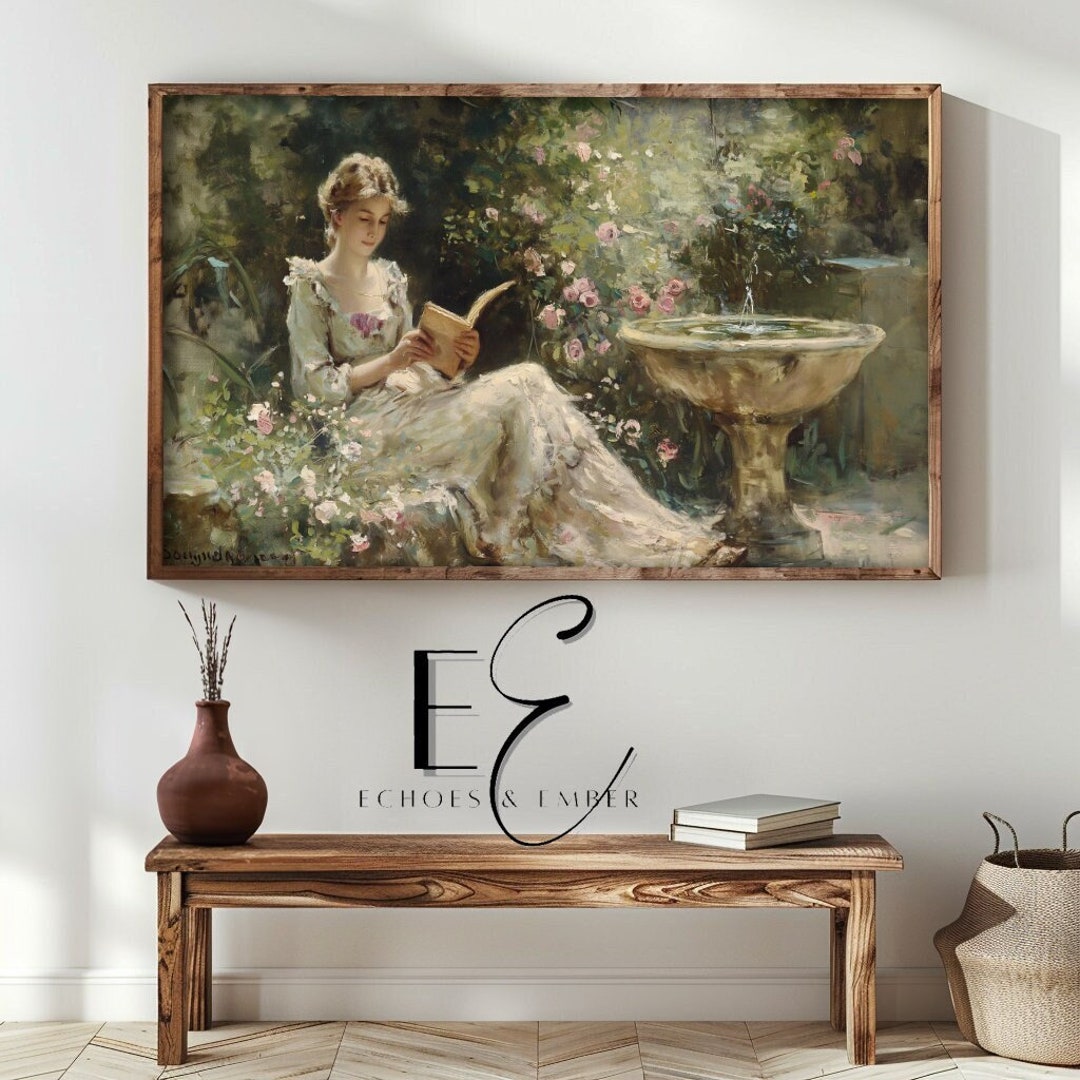 French Girl Reading Painting: Vintage Spring Garden TV Art (digital ...