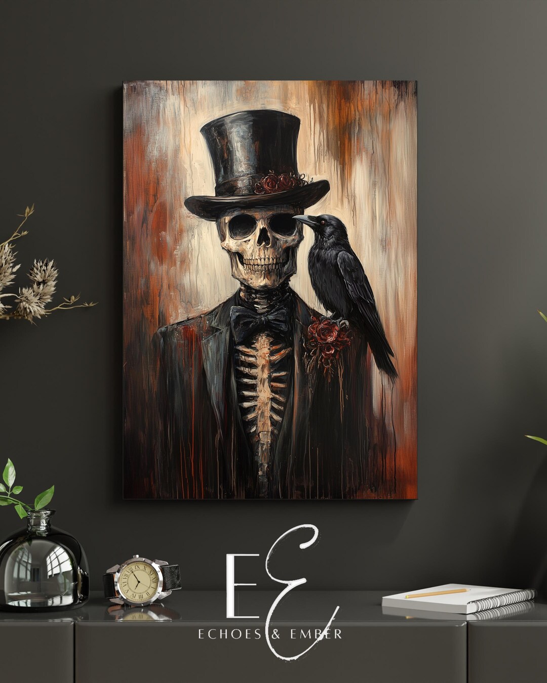 Macabre Portrait of Skeleton and Raven: Top Hat Skeleton Portrait Dark ...