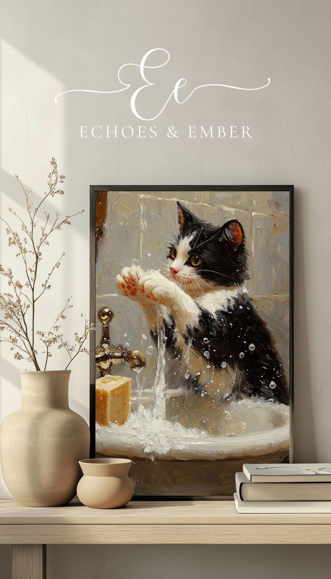 Cute Cat Washing Paws Print, Whimsical Animal Art, Vintage Style Kitten ...