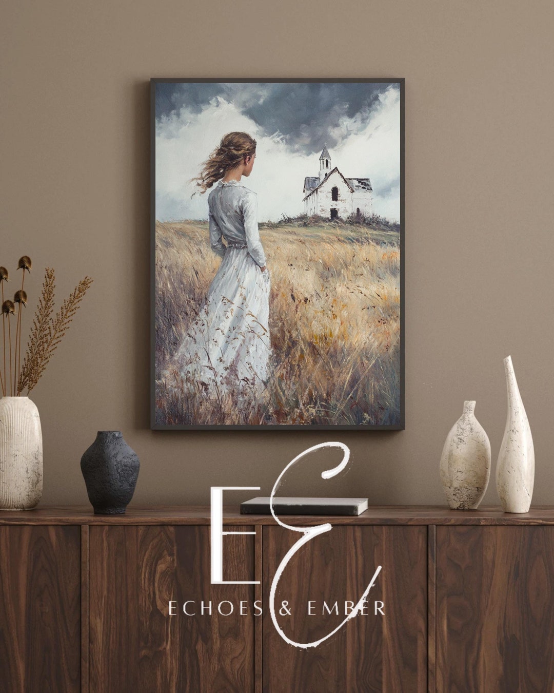 Printable Vintage Prairie Woman Painting With Farmhouse - Rustic Wall ...