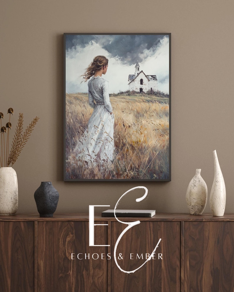 Printable Vintage Prairie Woman Painting With Farmhouse - Rustic Wall ...