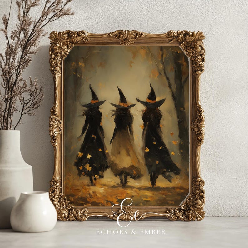 Vintage Witch Painting: Three Witches Autumn Forest Art (digital ...