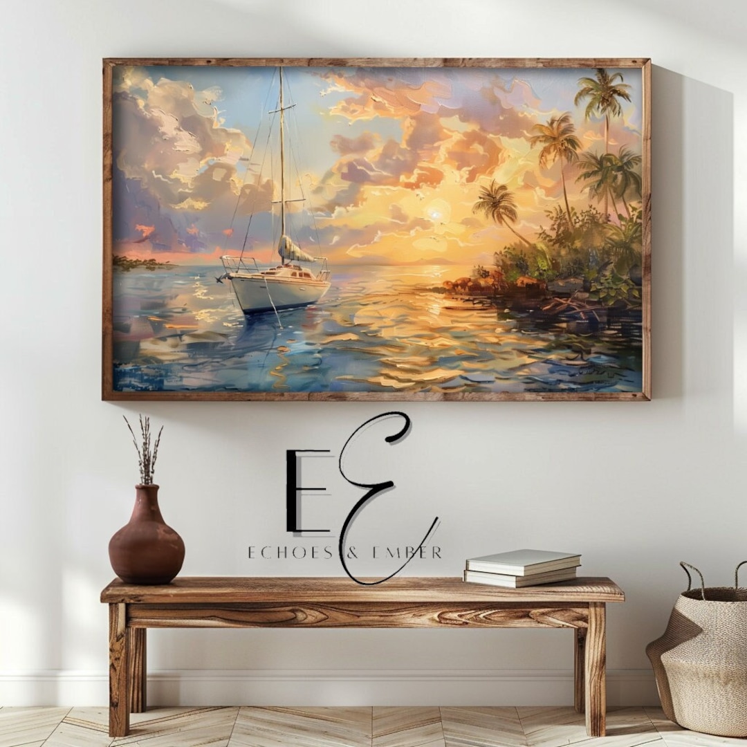 Tropical Sailboat Sunset Painting: Summer Frame TV Art (digital ...