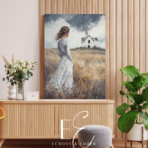 Printable Vintage Prairie Woman Painting With Farmhouse - Rustic Wall ...