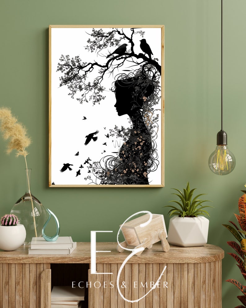 Whimsical Silhouette Art Print Woman Surrounded by Trees, Leaves, and ...