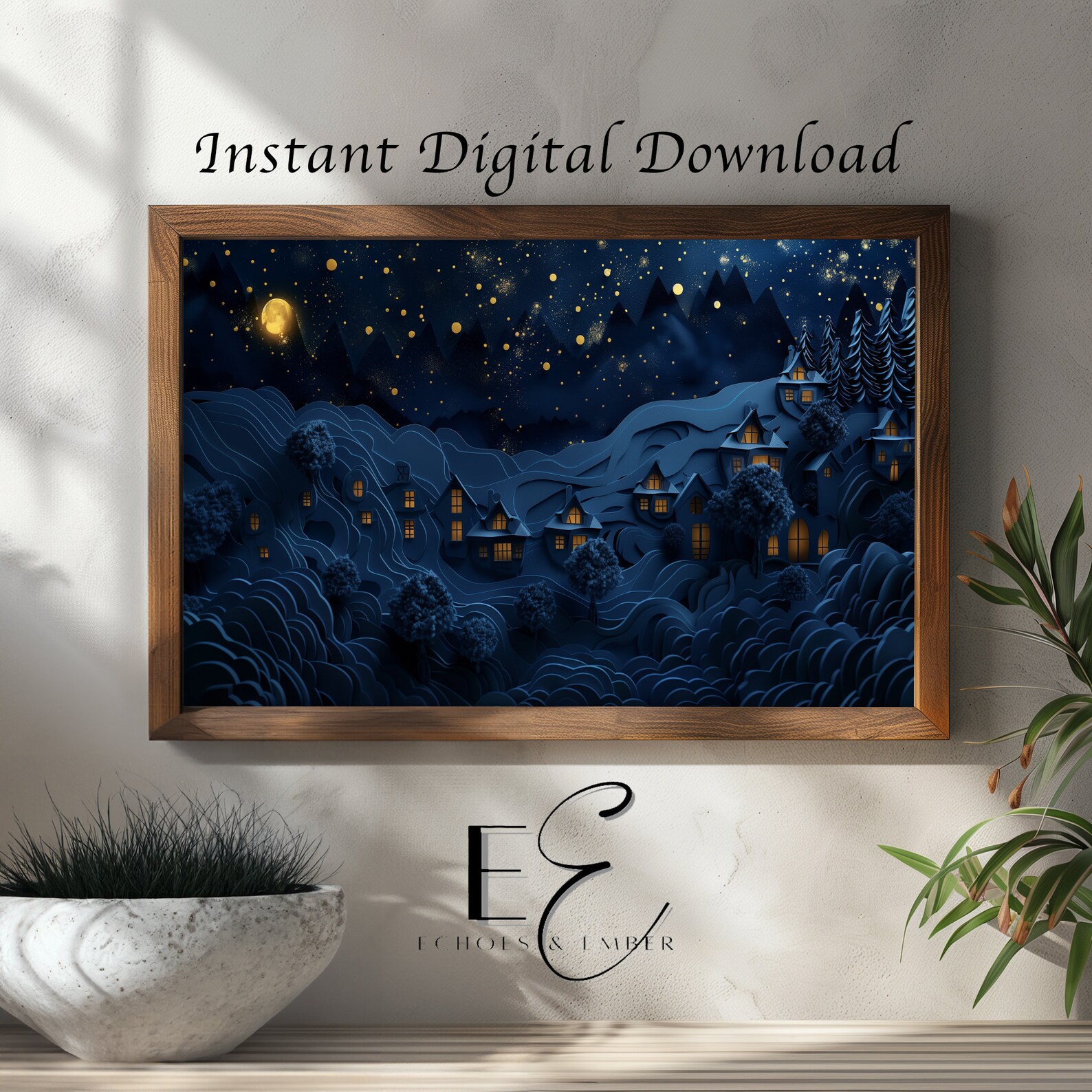 Winter Frame TV Art Winter Night Scene Painting Digital Download Houses ...