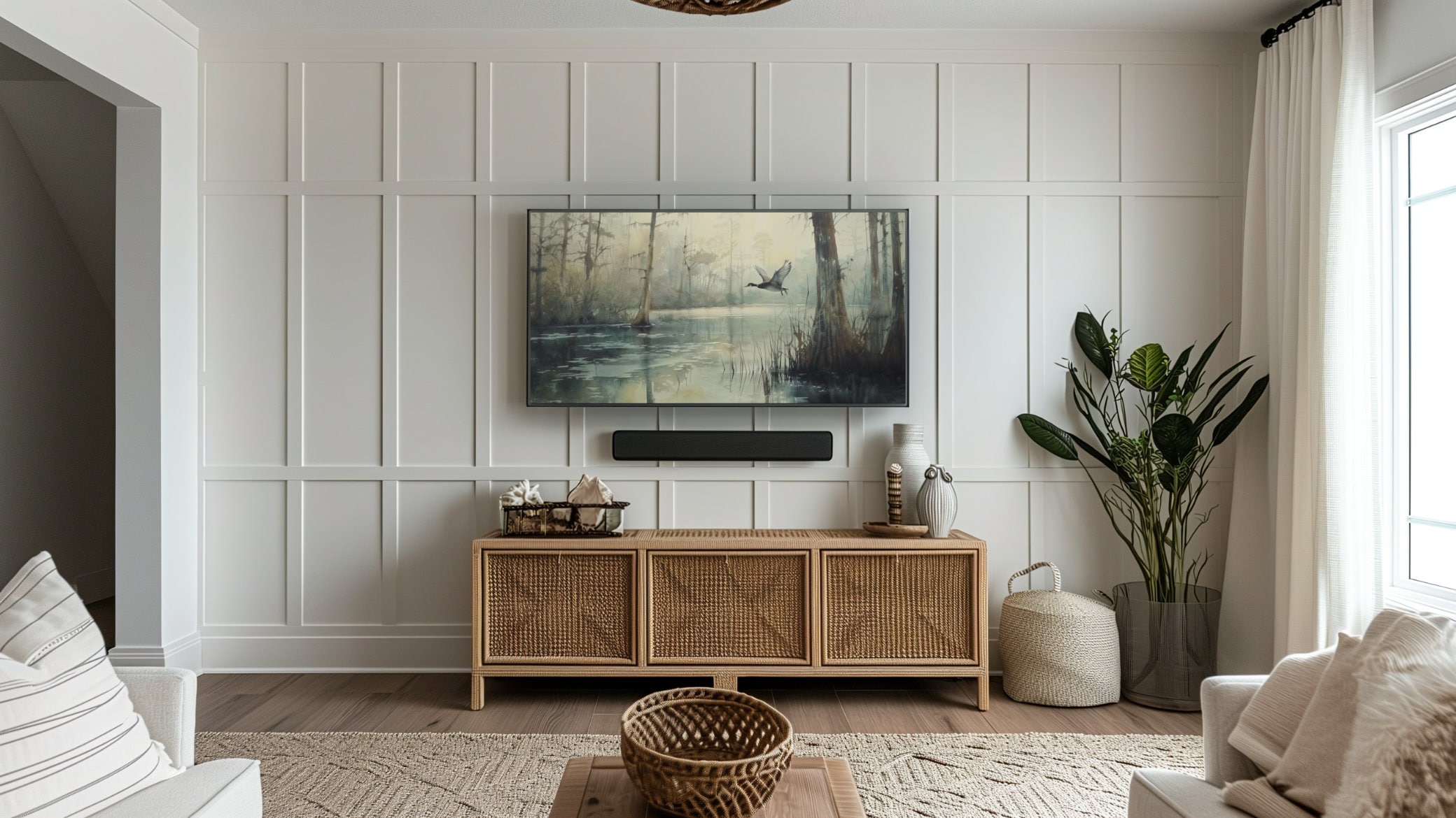 Landscape Frame TV Art, Flying Duck Swamp Watercolor Painting Digital ...