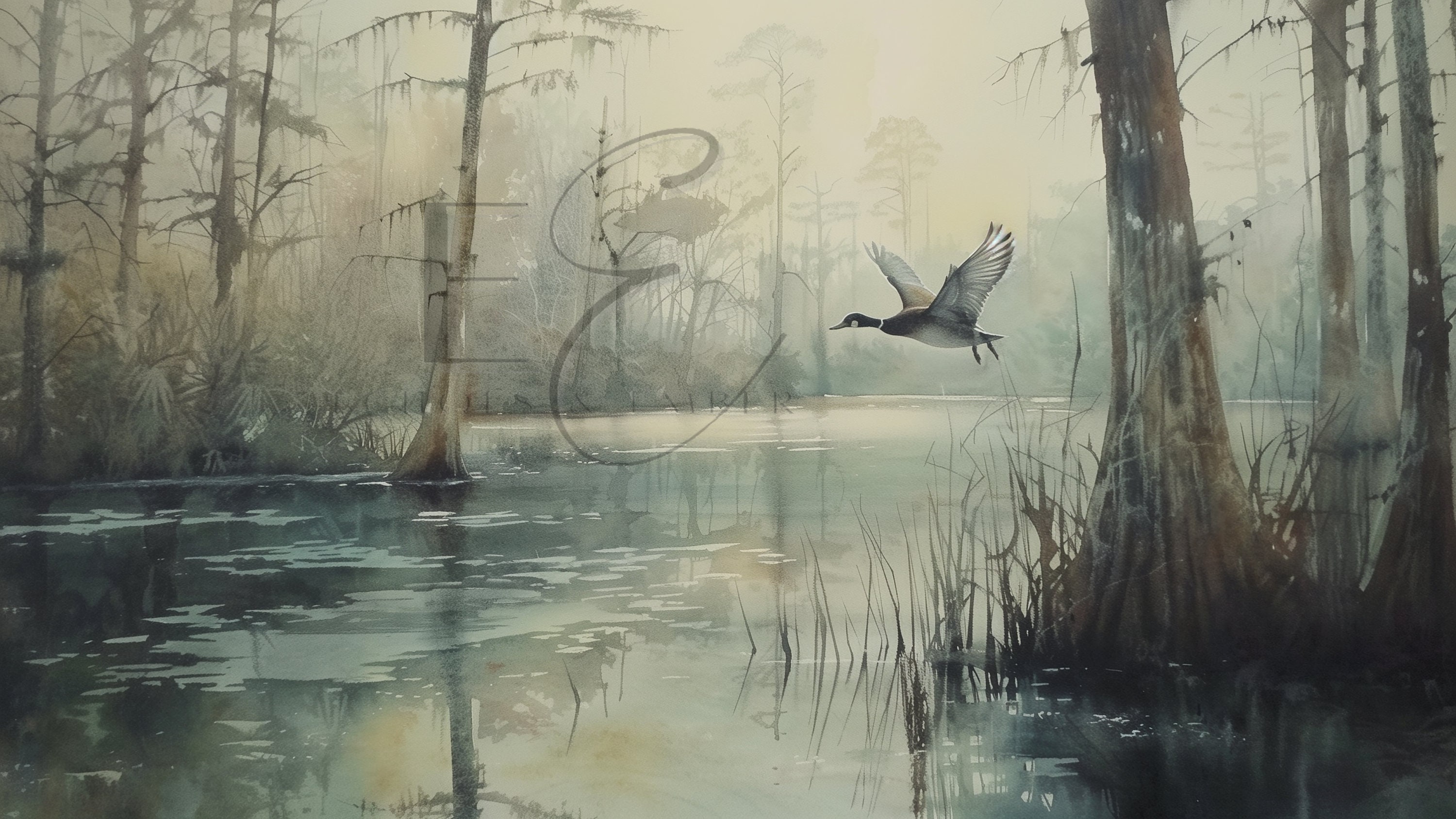 Landscape Frame TV Art, Flying Duck Swamp Watercolor Painting Digital ...