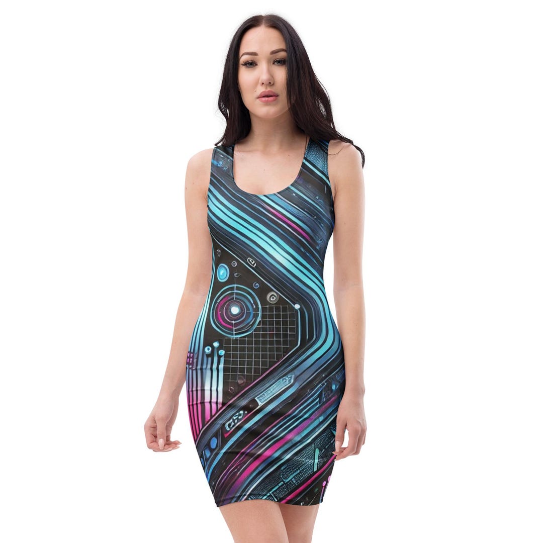 Cyberpunk Bodycon – Techwear Rave Mini Dress, Glitch Print Festival ...