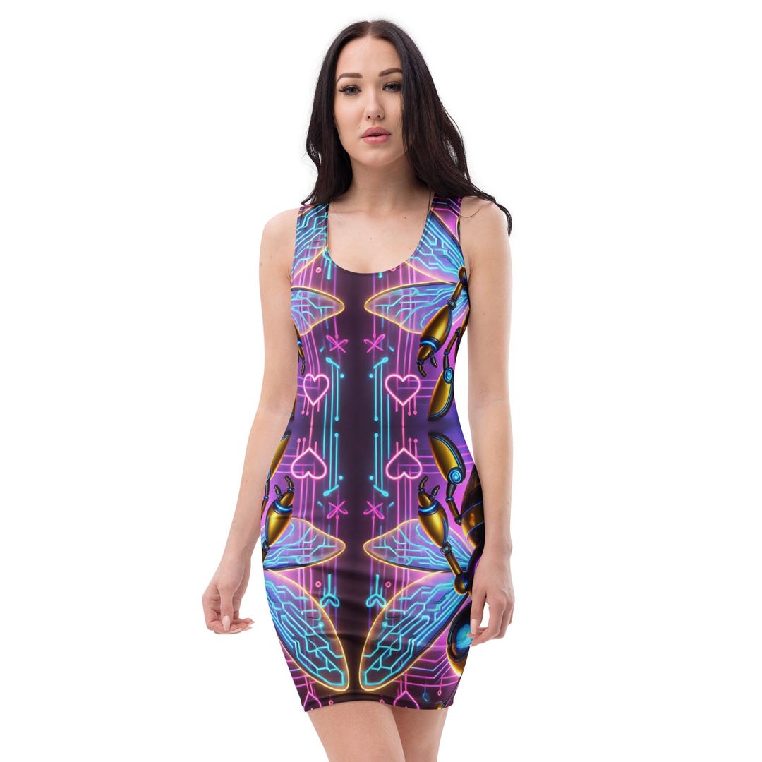 Techcore Bodycon Dress, Optical Illusion Festival Dress, Futuristic ...