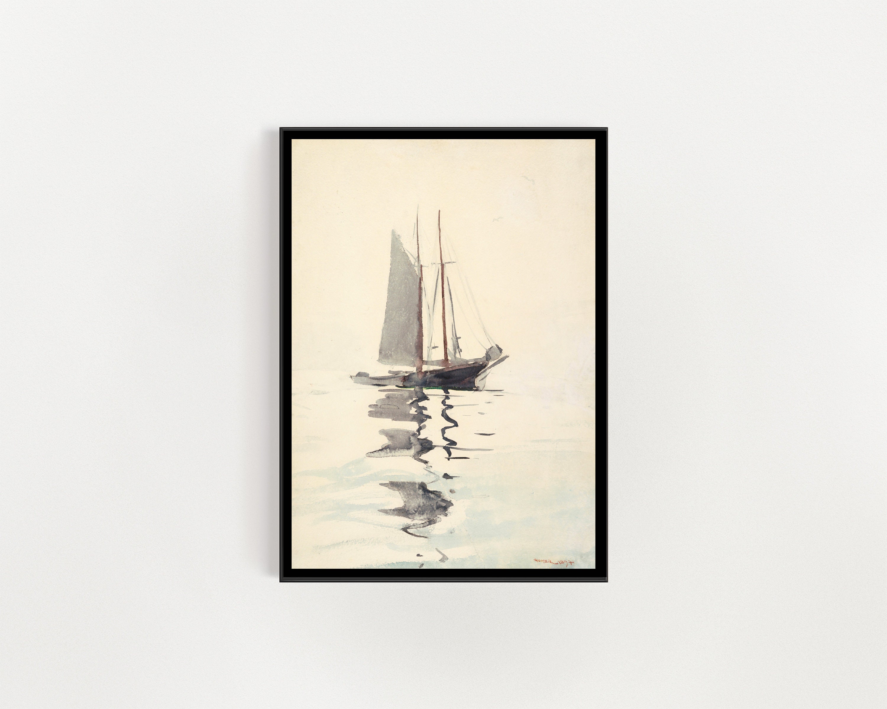 Vintage Segelboot Aquarell Druck: Neutrale Seelandschaft Kunst ...