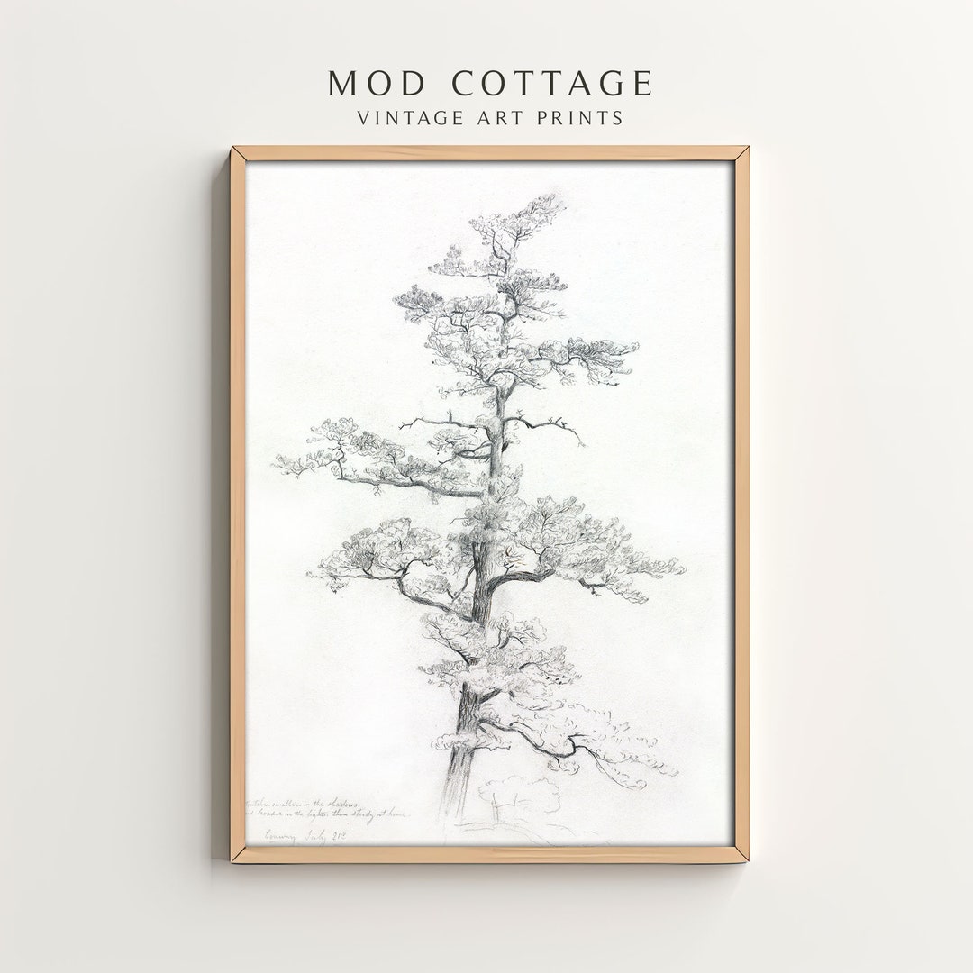 Neutral Tree Drawing Printable Light Aesthetic Art Country Cottage ...