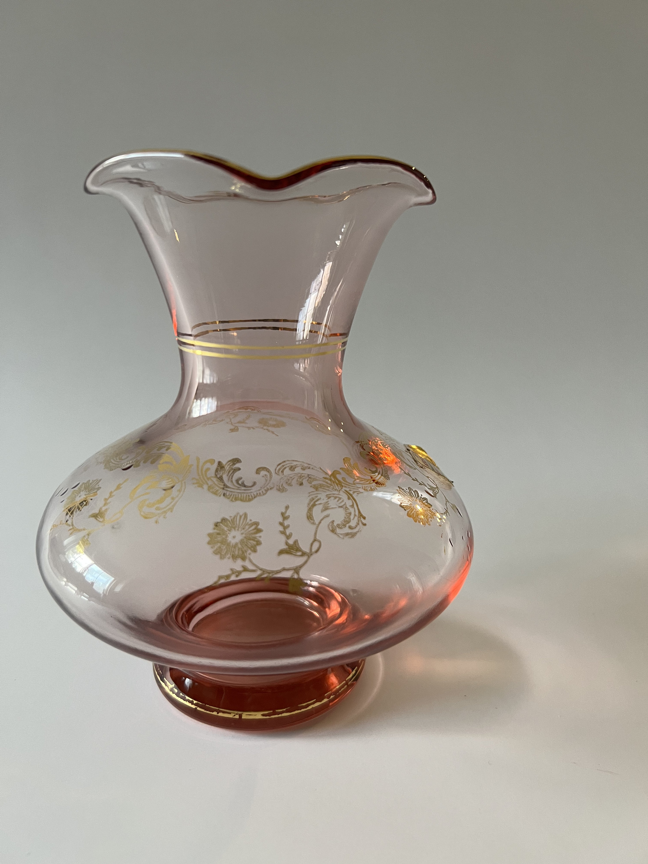 Vintage Echt Kristal Handgemalt Art Glass Vase Pink Gold Gild Floral ...