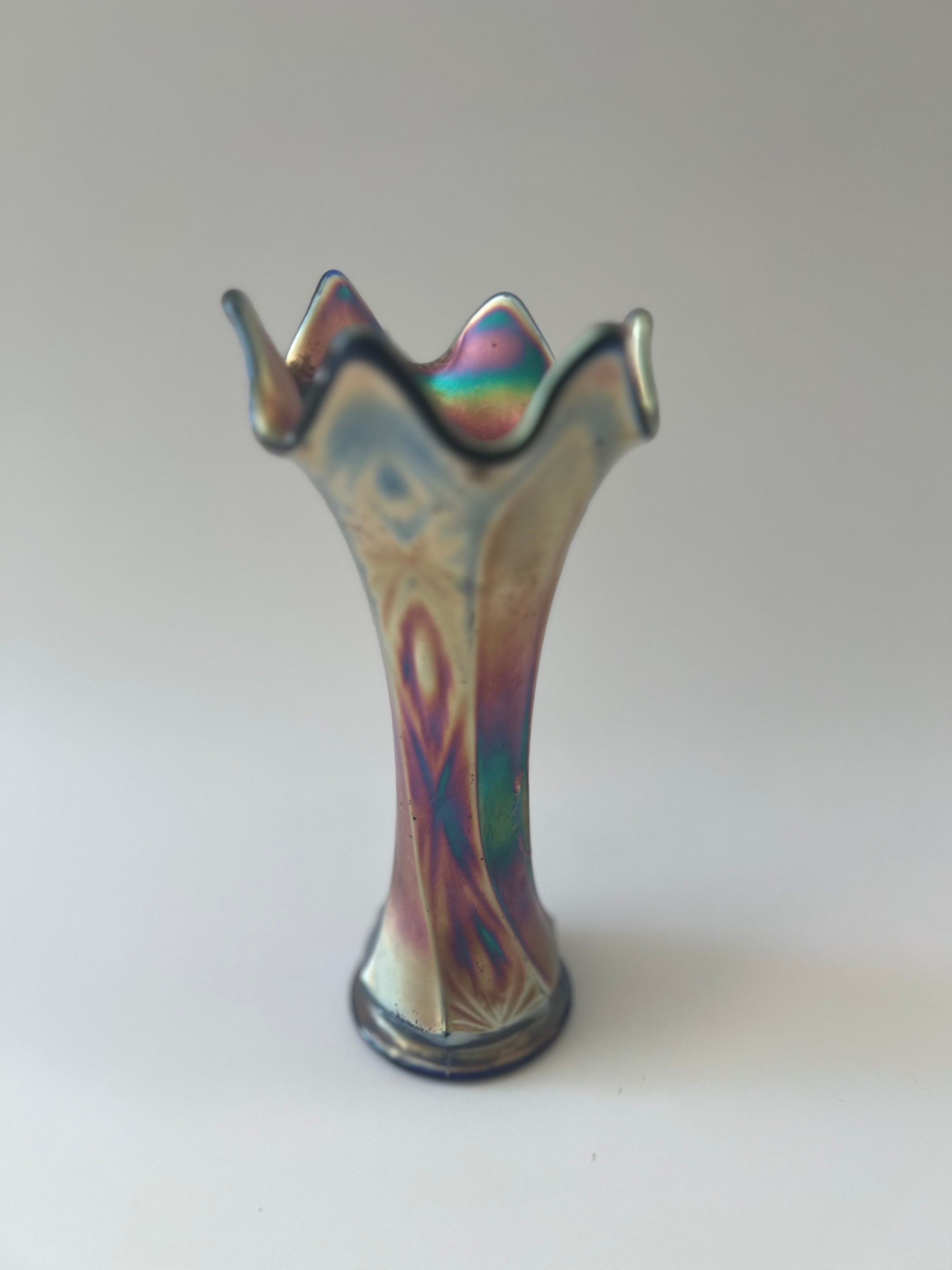Antique Fenton Carnival Iridescent Dark Plum Marigold Glass Vase With ...