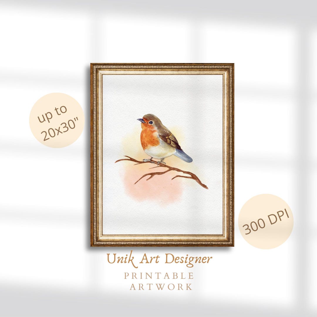 Bird Print of Cute Robin, Printable Artwork, Gift for Her, Decor Rustic ...