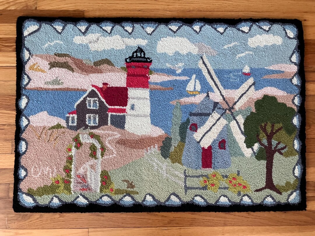 Vintage Claire Murray 100% Wool Hooked Rug 20”x30” Lighthouse Nautical ...