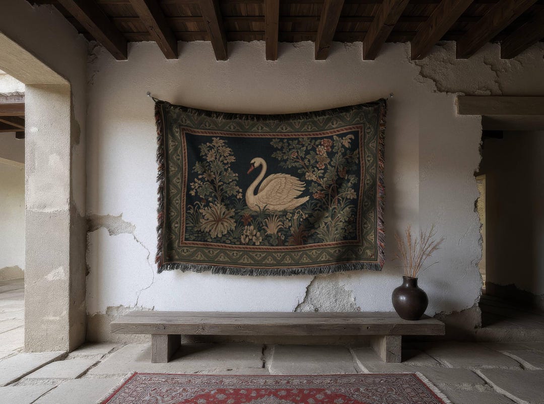 Medieval Swan Tapestry Woven Blanket, Dark Academia, Cottagecore Decor ...