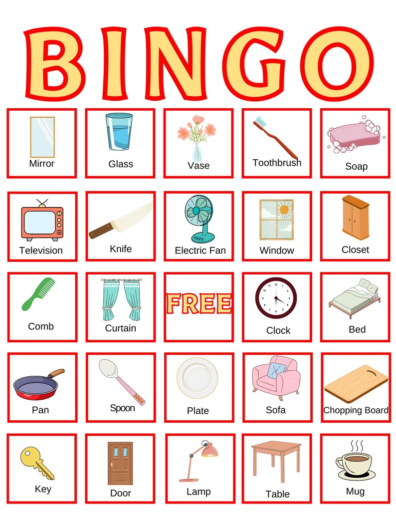 Printable Household Items Bingo Cards, Kids Fun Bingo Game, Preschool ...