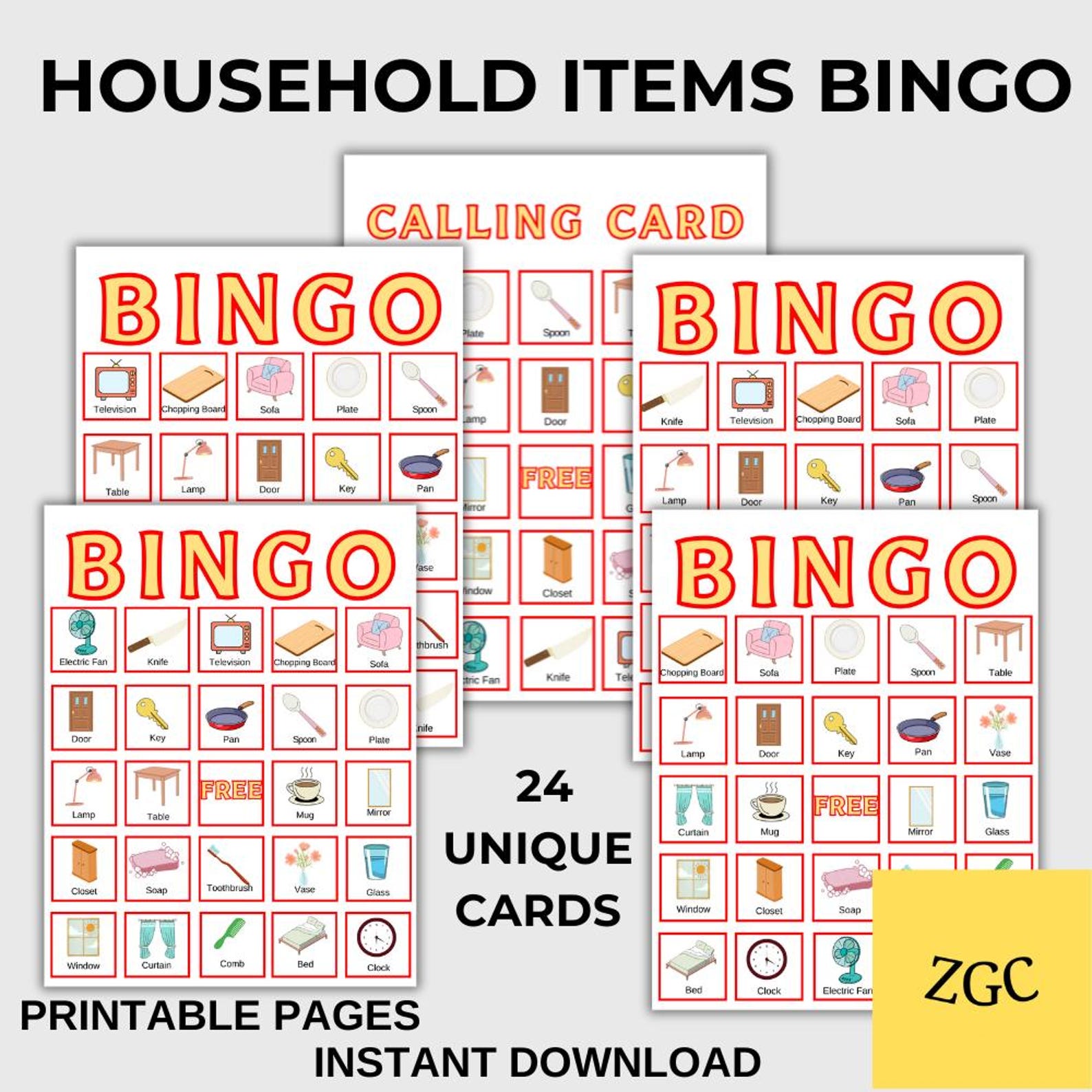 Printable Household Items Bingo Cards, Kids Fun Bingo Game, Preschool ...