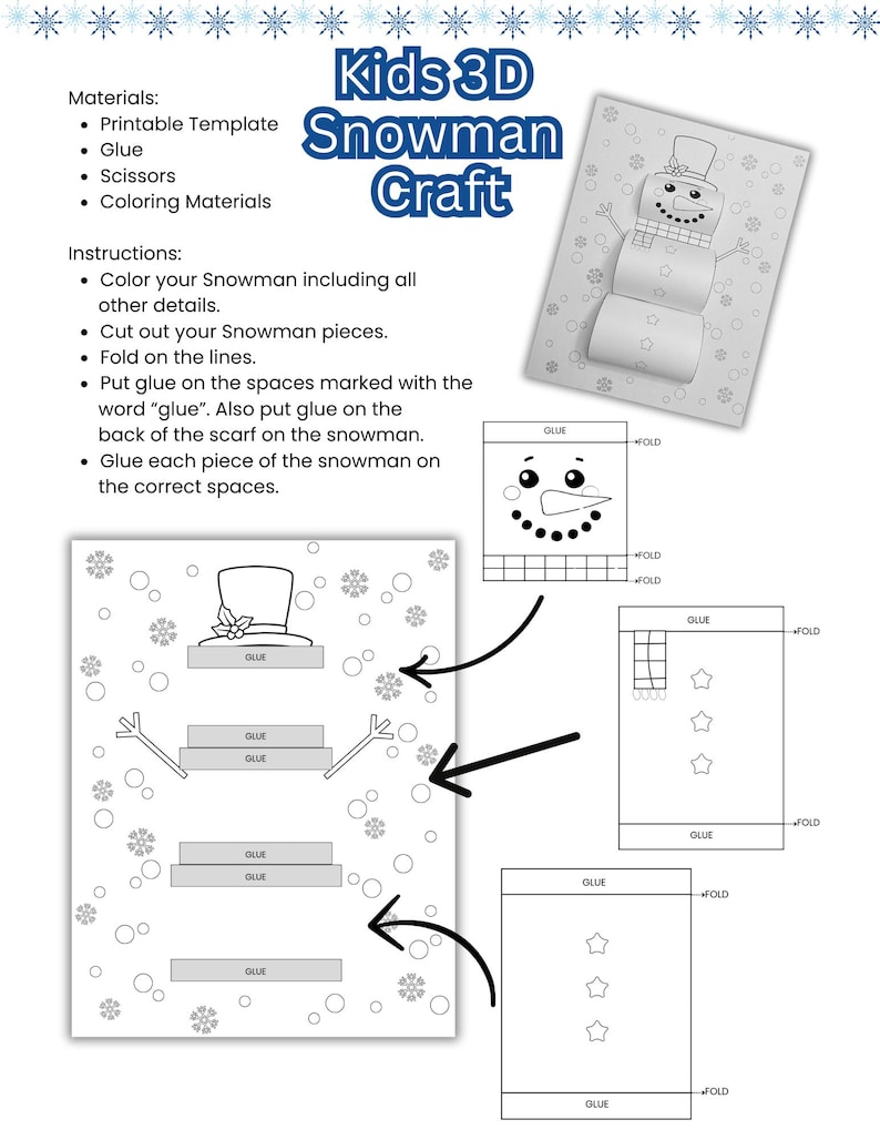 3D Snowman Paper Craft Printable | Winter Activity for Kids (PDF) - Etsy