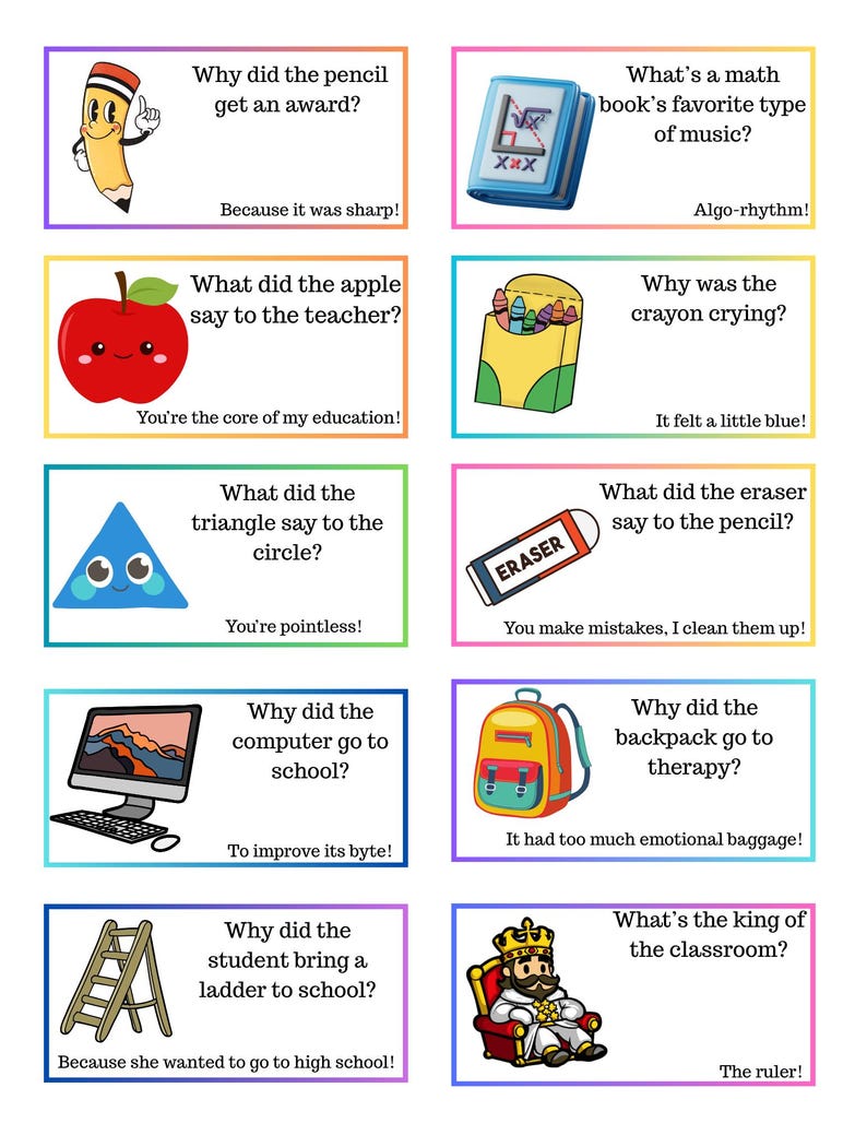 Printable Lunch Box Jokes for Kids | School Lunch Notes (PDF) - Etsy