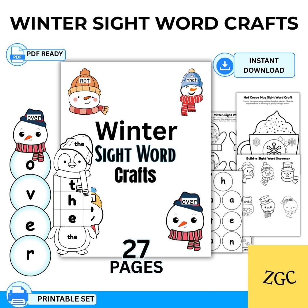 Winter Sight Word Crafts | Snowman, Mitten and Penguin Sight Word ...