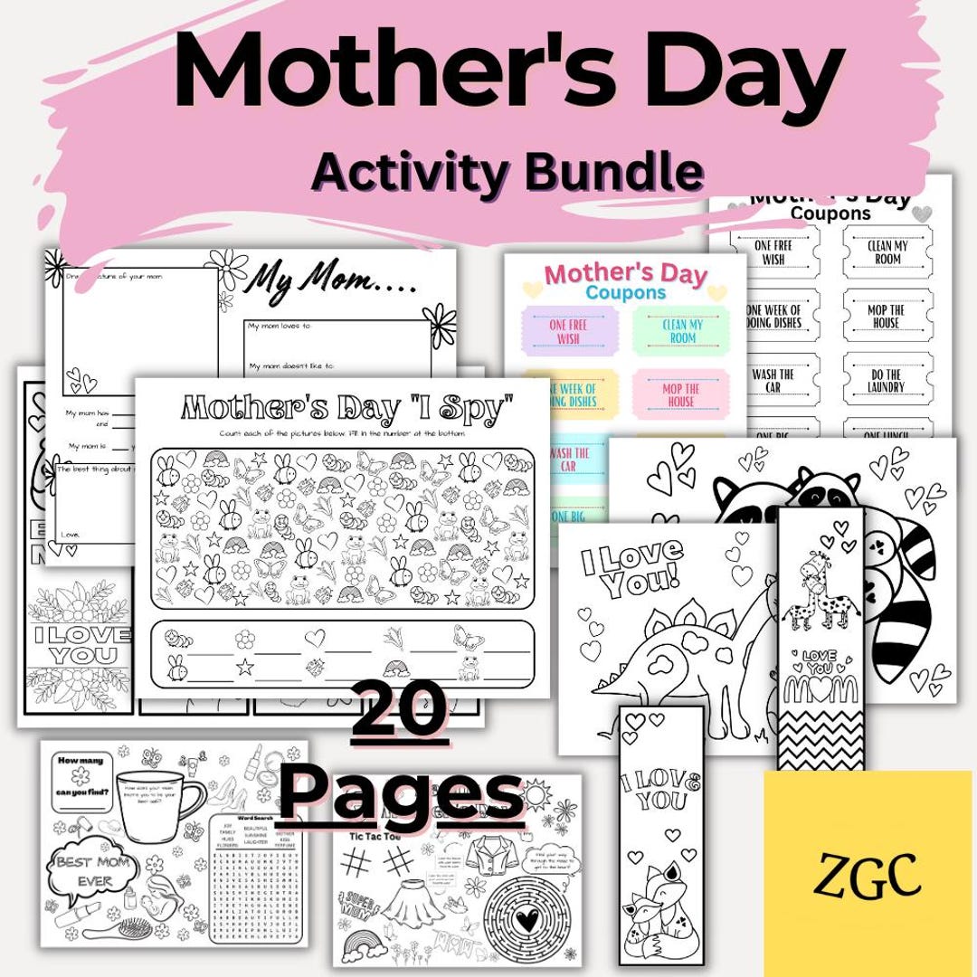 Mother's Day Printable Bundle | Coloring Cards, Bookmarks & Placemats ...