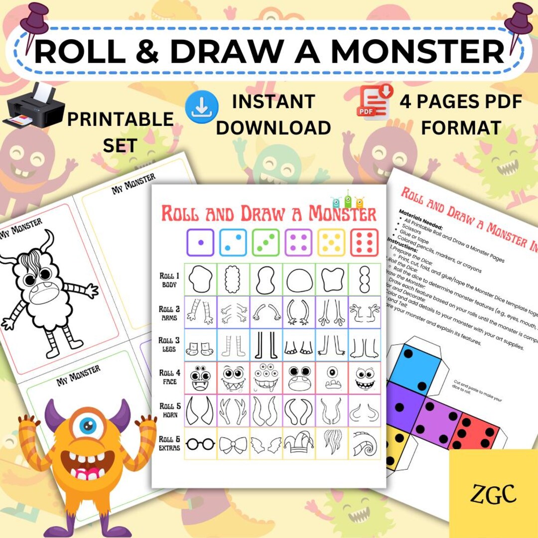 Draw a Monster Printable Game, Halloween Drawing Activity, Fall Art ...