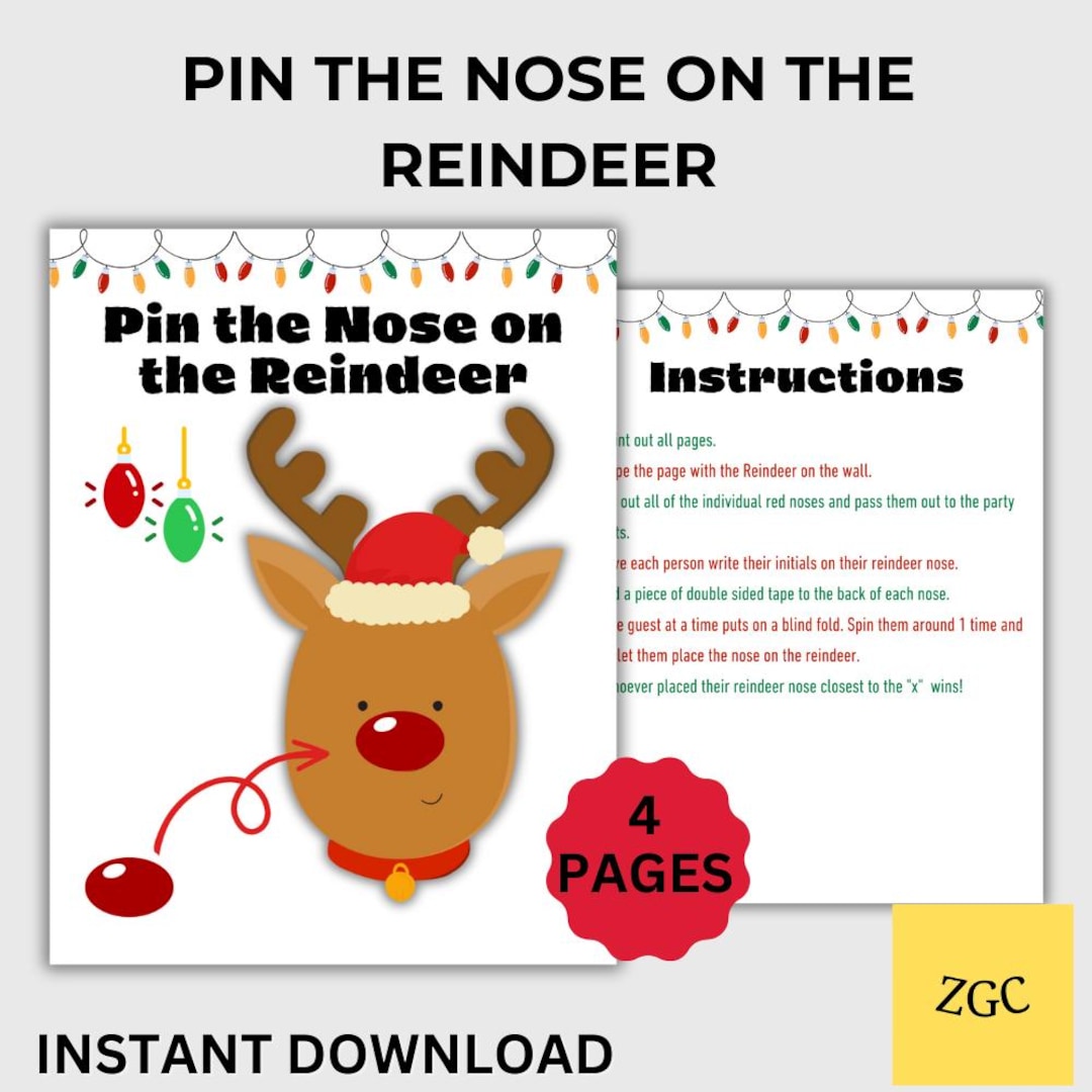 Pin the Nose on the Reindeer Printable Game, Christmas Reindeer Party ...