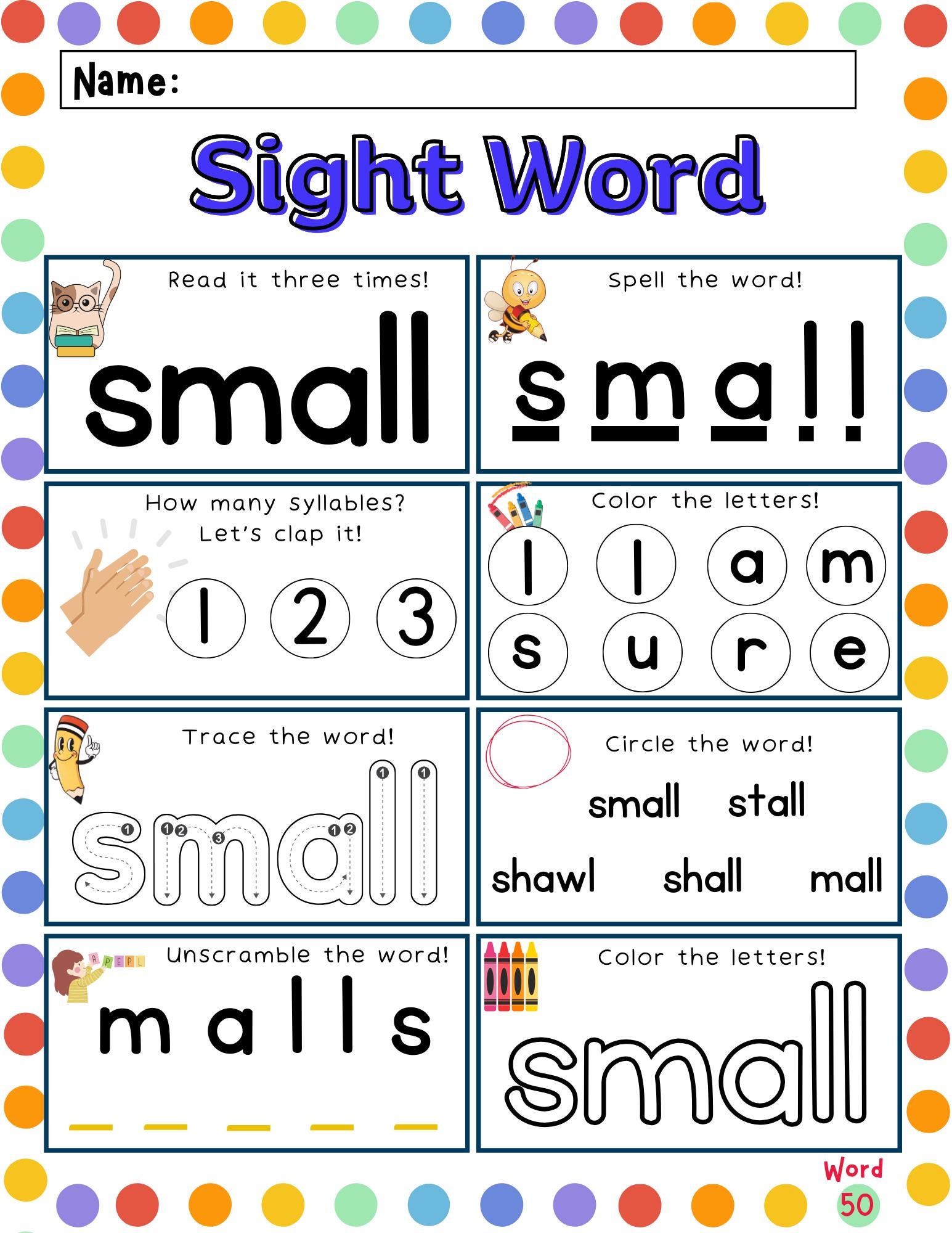 50 Sight Words Worksheets for Kindergarten | Printable Literacy Centers ...