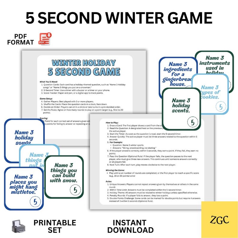 Winter Holiday 5 Second Game - Printable Party Game (PDF Download) - Etsy