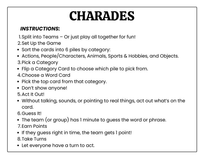 Printable Kids Charades Game | Family Party Activity (instant Download ...
