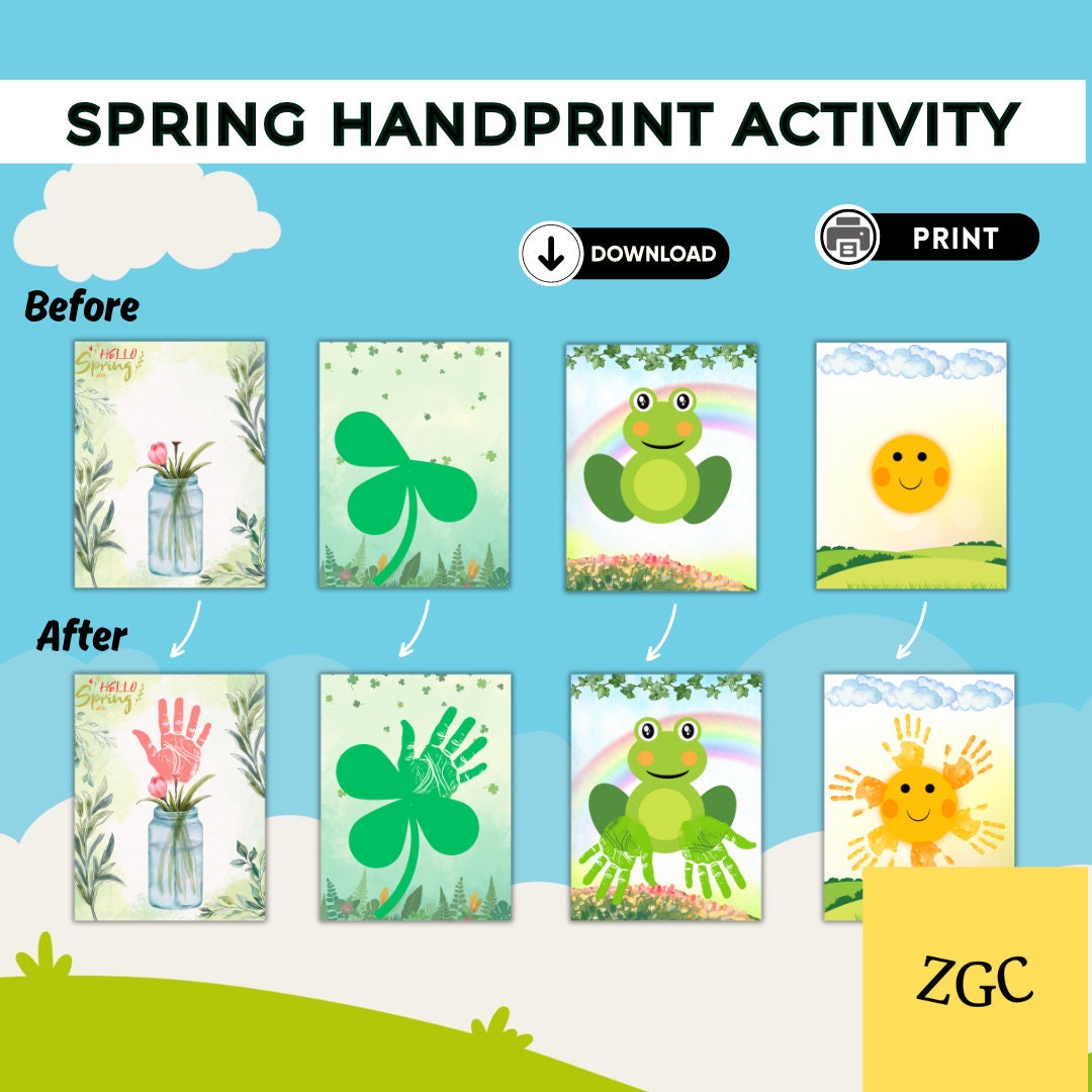 Kids Handprint Craft Bundle, 10 Printable Spring Crafts, Fingerprint ...