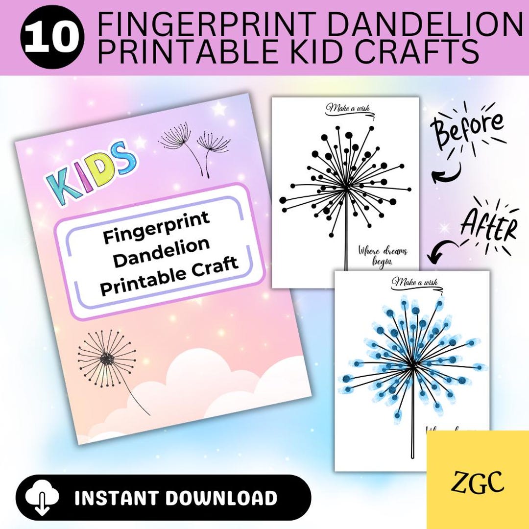 Printable Fingerprint Dandelion Craft, Early Learner Art, 10 Dandelion ...