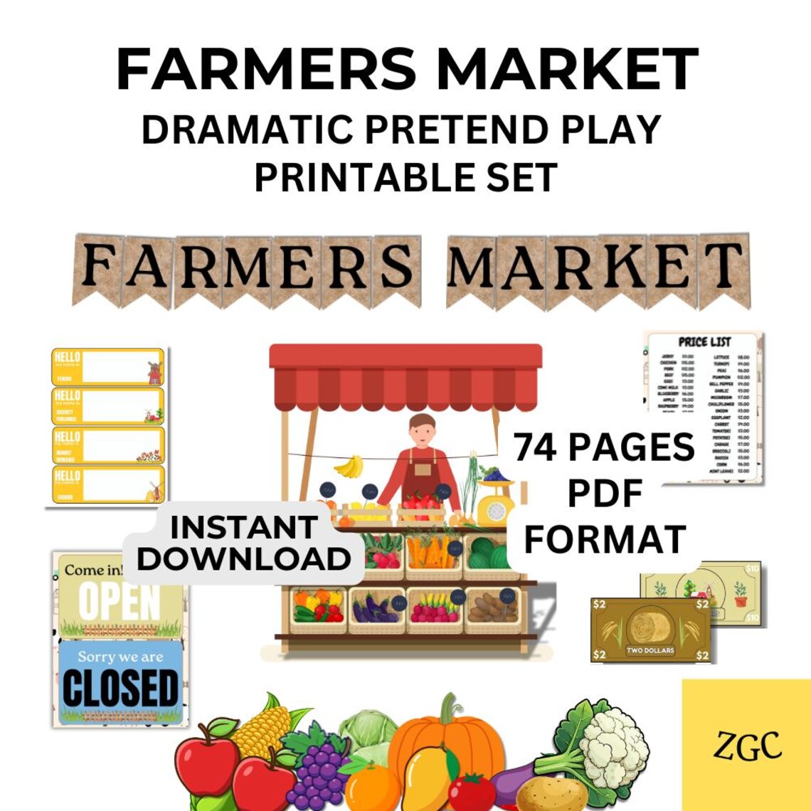 Farmers Market Dramatic Play Printable Set for Kids, Pretend Play ...