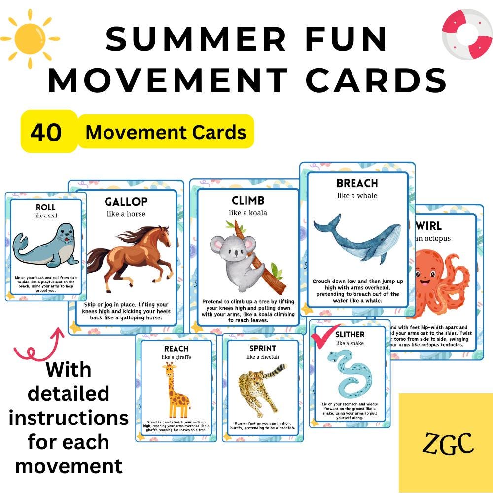 Summer Movement Cards, Gross Motor Activity, Preschool, Kindergarten ...