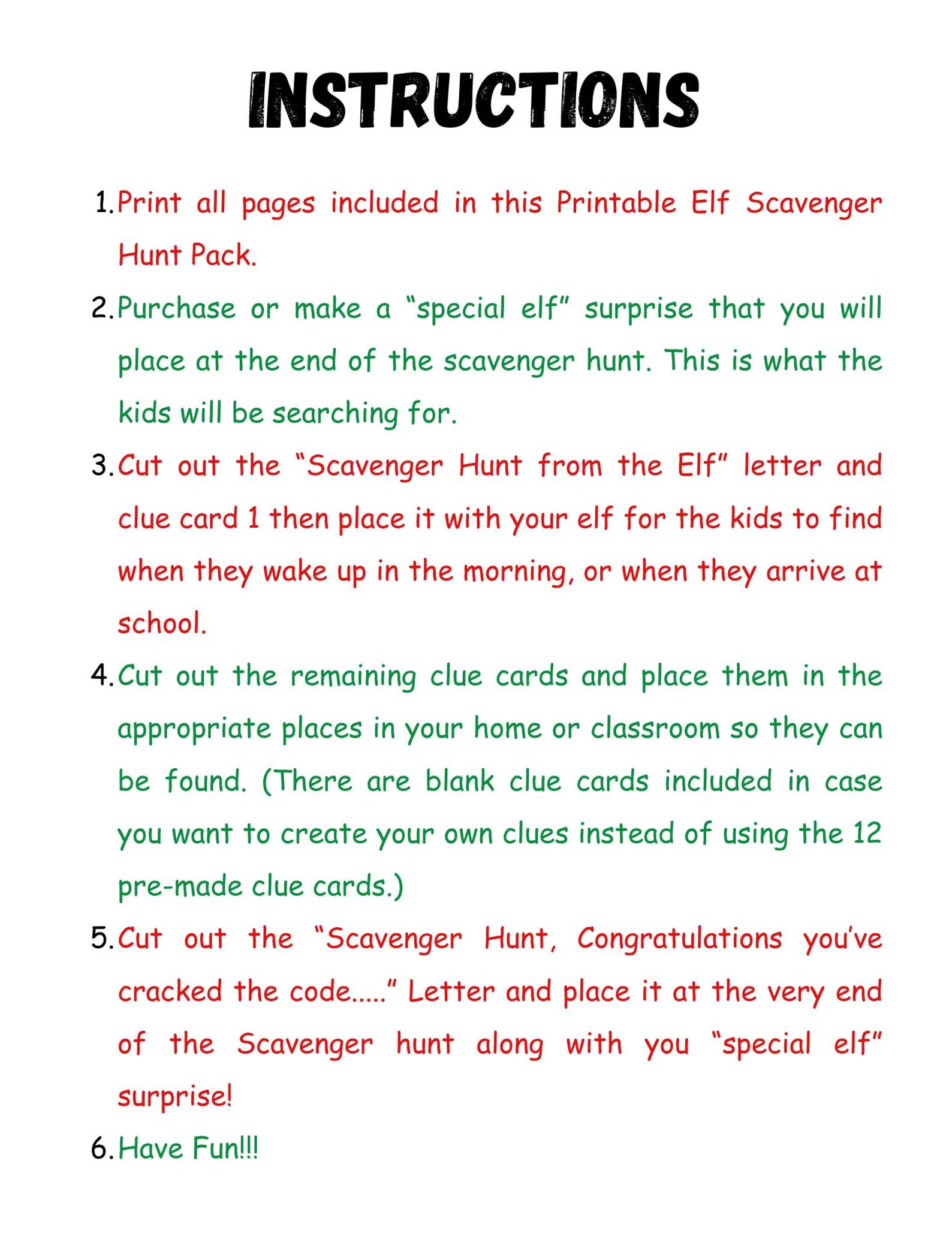 Christmas Elf Scavenger Hunt, Printable Christmas Scavenger Hunt Cards ...