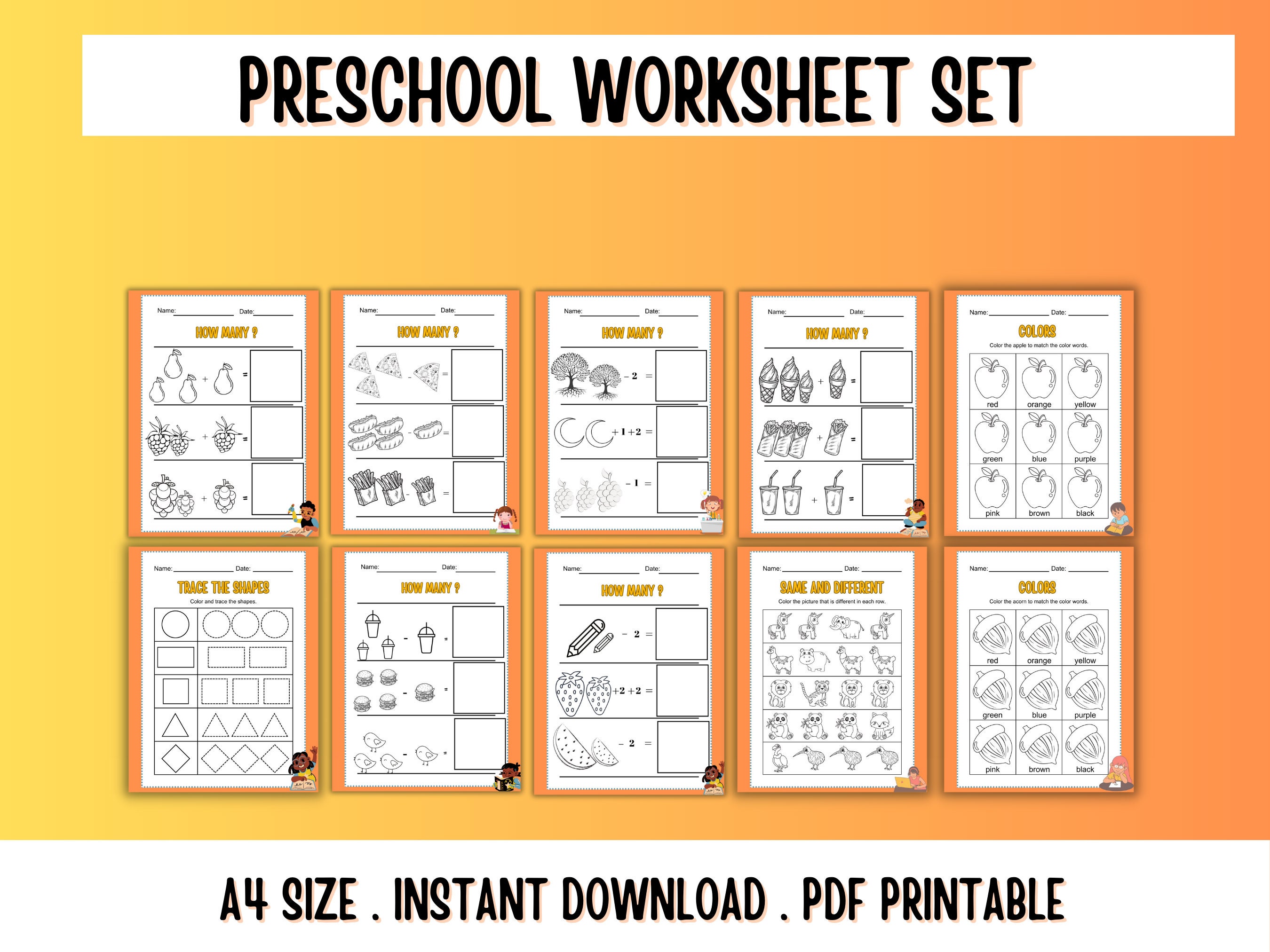 Preschool Worksheets Set, 50 Printable Pages, Orange Kindergarten ...