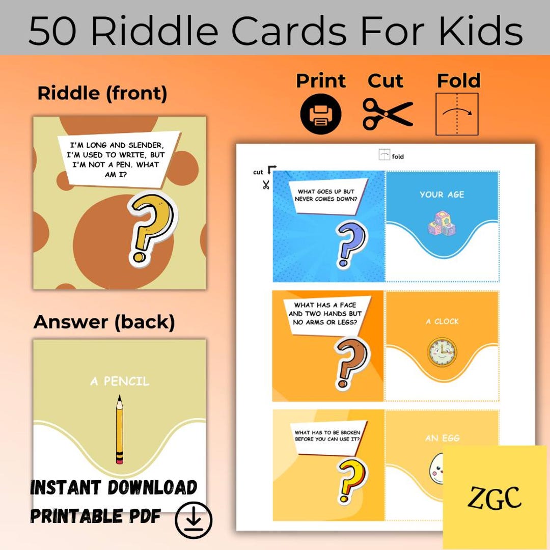 50 Riddle Cards for Kids, Printable Kids Trivia Game, Riddles Printable ...