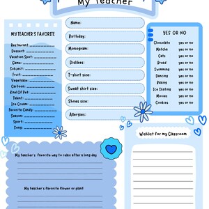Teacher Questionnaire Printable | Back to School Meet the Teacher ...