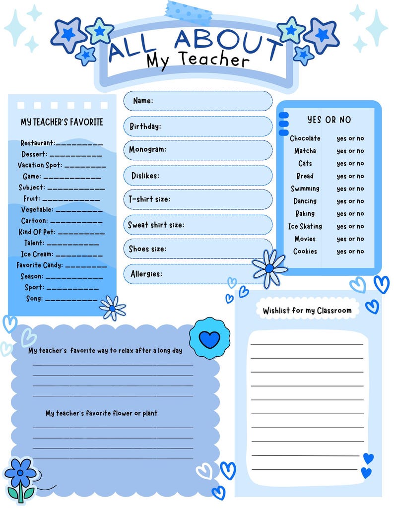 Teacher Questionnaire Printable | Back to School Meet the Teacher ...