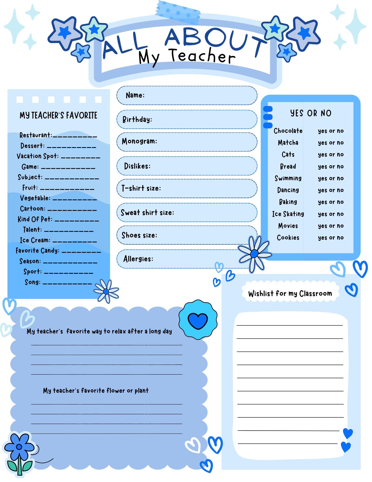 Teacher Questionnaire Printable | Back to School Meet the Teacher ...