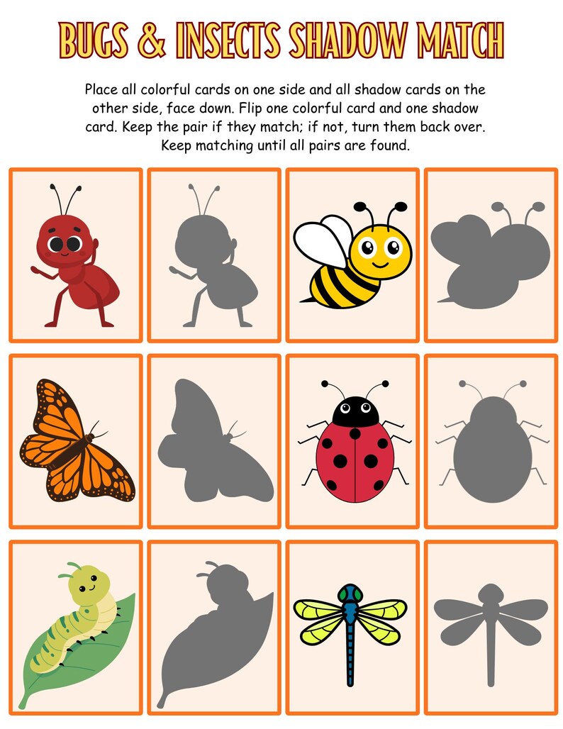 Bugs & Insects Memory Game Printable | Matching Game for Kids ...