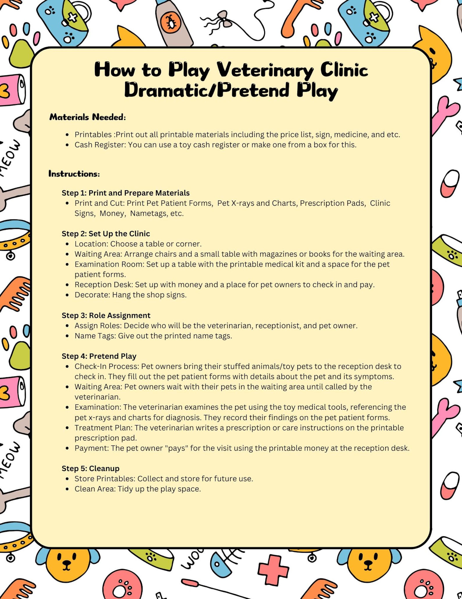 Veterinary Clinic Dramatic Play Printable Set for Kids | Pretend Vet ...