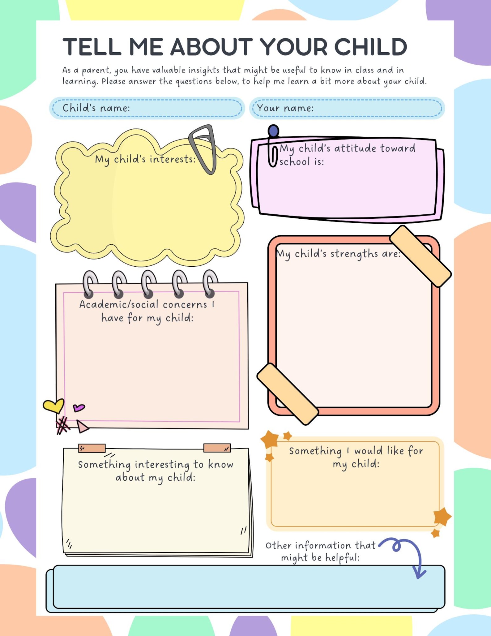 Printable Get to Know My Student Questionnaire, Back to School Parent ...