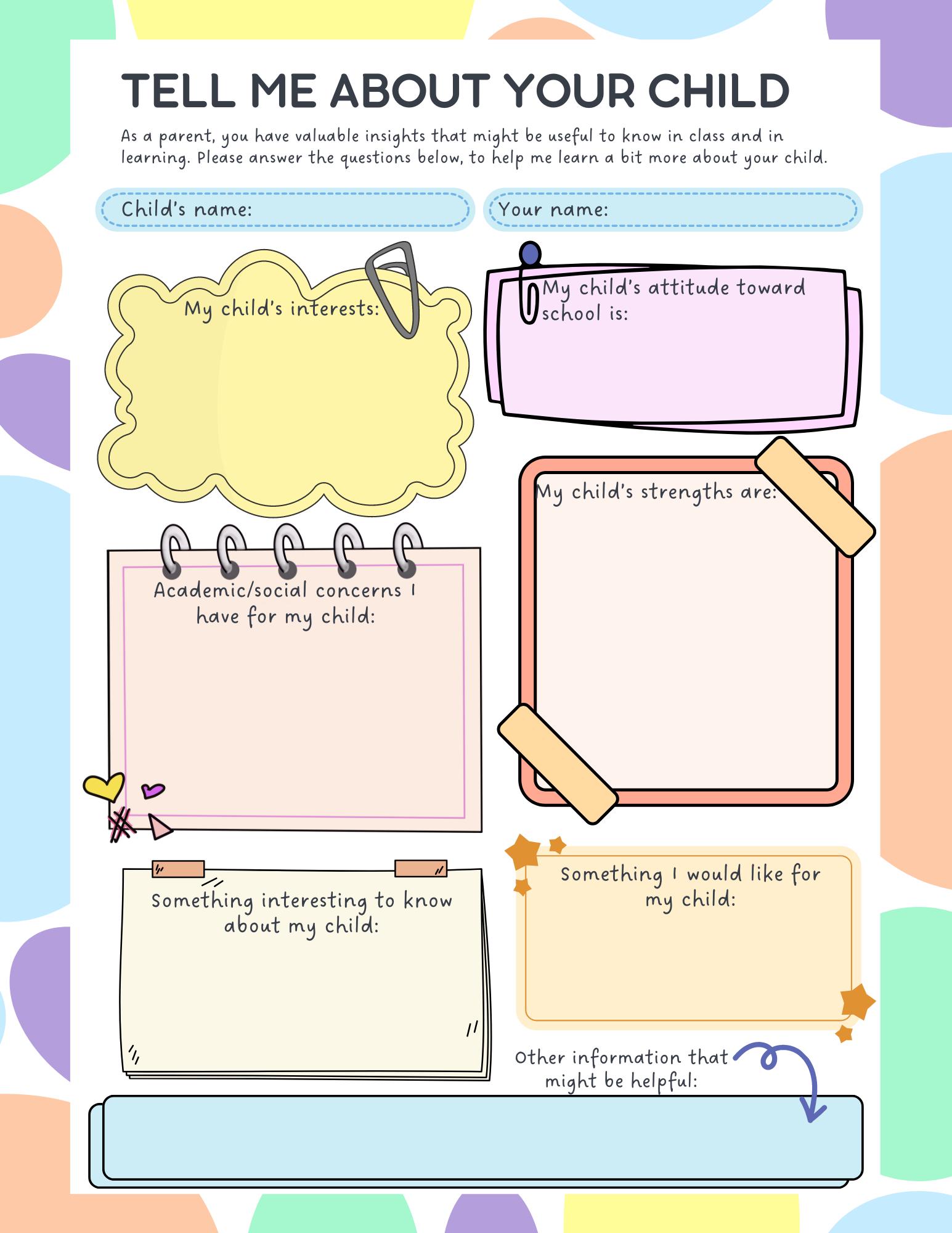 Getting to Know My Child Printable Forms | Back to School Parent ...